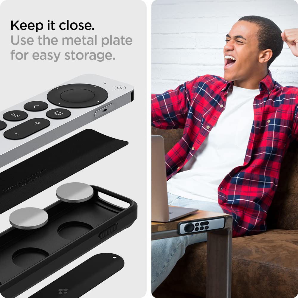 Spigen Rugged Armor Designed for Apple TV 4K 2021/2022 Siri Remote Case Cover with Shockproof Magnetic Technology and Wrist Strap (Metal Plate and Magnetic Included) - Black