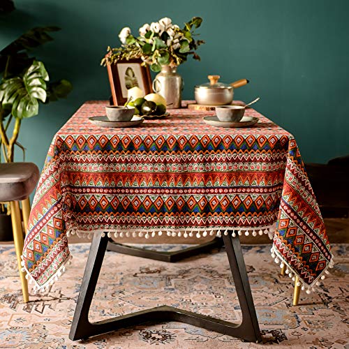 SUTAVIA Pompom Tassel Tablecloth for Bohemian Rectangle Table Covers,Wrinkle Free Linen Bohemian Style Design Table Cloth for for Dining Room, Tabletop Decoration (Red, 60"x84")