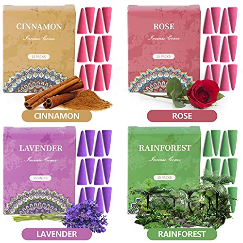 Incense Cones, Assorted Scented Incense Cones with Holder, Incense Gift Set for Mothers Day, Rose, Sage, Lavender, Violet, Cinnamon, Eucalyptus, Sandalwood, Rain Forest, 120 Cones Total