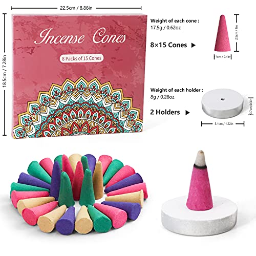 Incense Cones, Assorted Scented Incense Cones with Holder, Incense Gift Set for Mothers Day, Rose, Sage, Lavender, Violet, Cinnamon, Eucalyptus, Sandalwood, Rain Forest, 120 Cones Total