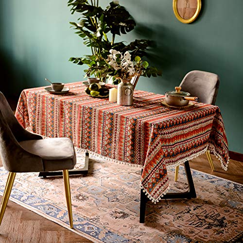 SUTAVIA Pompom Tassel Tablecloth for Bohemian Rectangle Table Covers,Wrinkle Free Linen Bohemian Style Design Table Cloth for for Dining Room, Tabletop Decoration (Red, 60"x84")