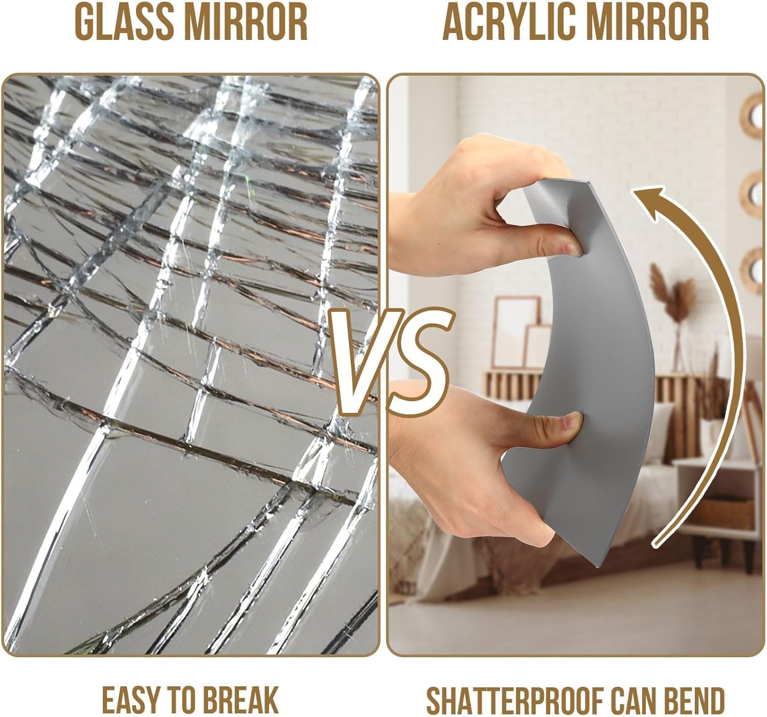 JUNEBRUSHS 4 Pack Self Adhesive Acrylic Mirror, 8 x 8 Inch Mirror Tiles,Flexible Plastic Mirror Sheets Wall Stickers,2MM Thick Mirror,Frameless Small Mirror