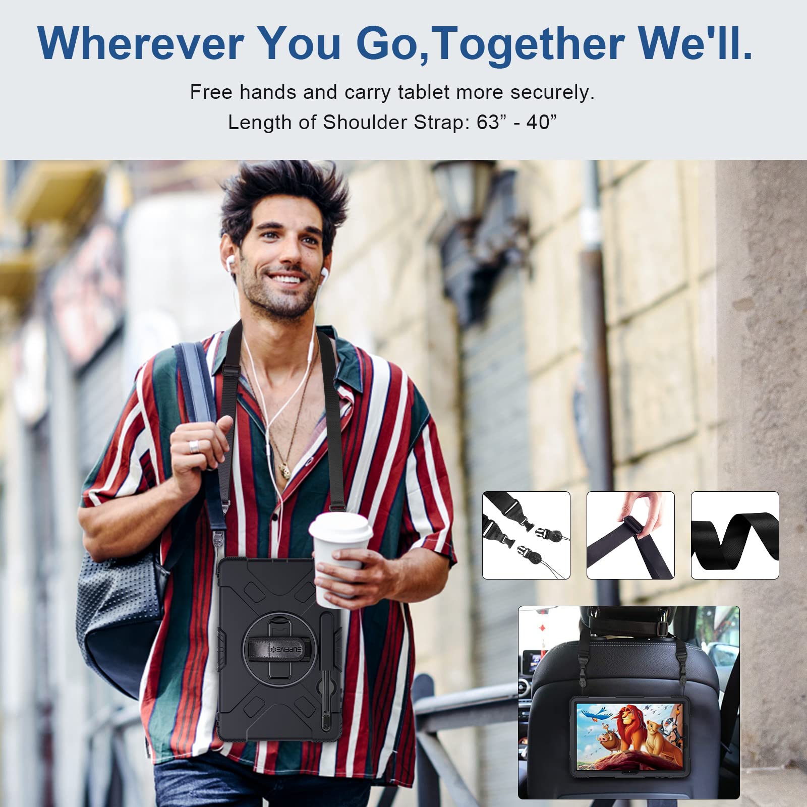 SUPFIVES Case for Samsung Galaxy Tab S7 FE/ S8 Plus 12.4 Inch: [Upgraded Military Grade] Full-Body Rugged Protective Soft Silicone Cover - Kick Stand- Handle/Shoulder Strap- S Pen Holder- Black