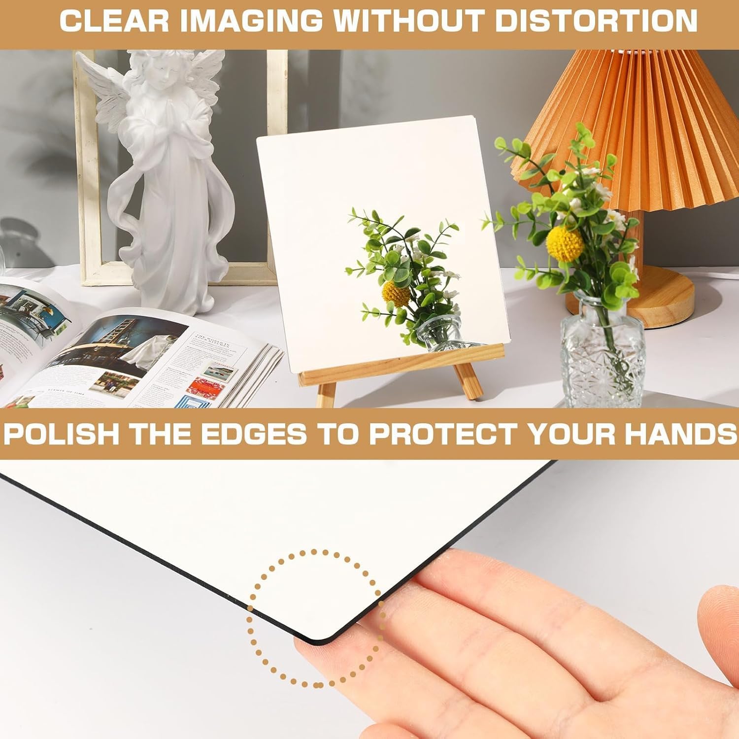 JUNEBRUSHS 4 Pack Self Adhesive Acrylic Mirror, 8 x 8 Inch Mirror Tiles,Flexible Plastic Mirror Sheets Wall Stickers,2MM Thick Mirror,Frameless Small Mirror