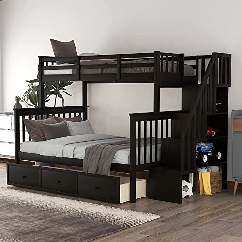 MERITLINE Twin Over Full Bunk Bed with Stairs, Wood Bunk Bed Frame with Storage Drawers and Shelves, No Box Spring Needed (Espresso)