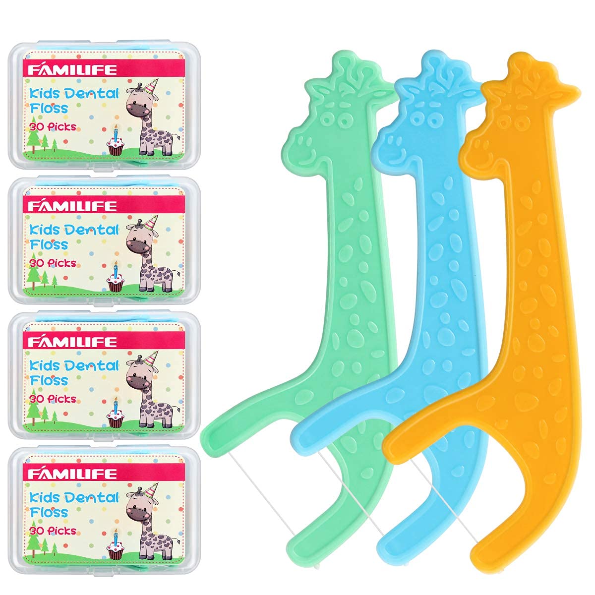 FAMILIFE Kid's Dental Floss Picks Without Fluoride, 4 Travel Handy Cases Unflavored Flosser 120 Picks and 4 Travel Cases 200 Picks Animal Pattern