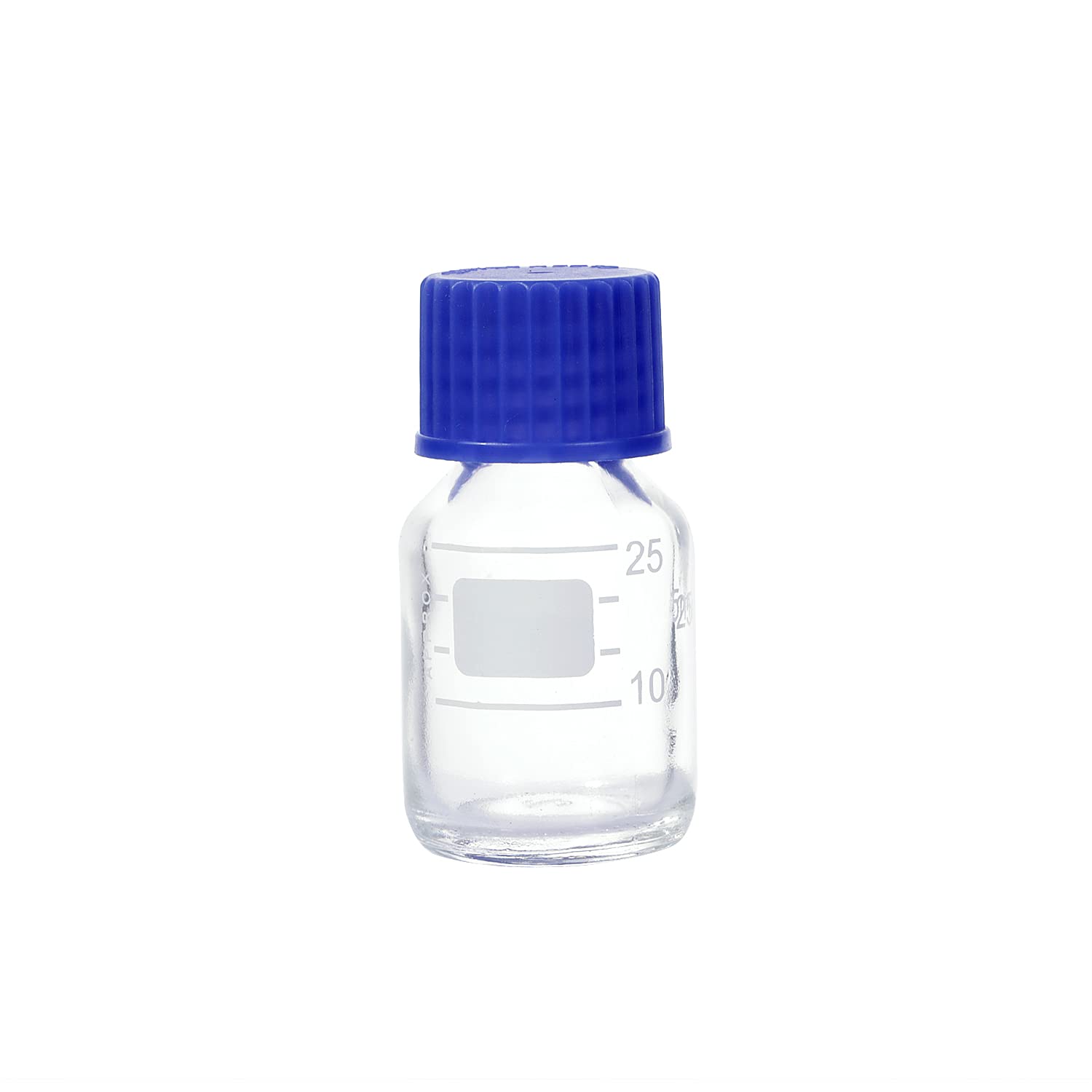 Pastein 10 Pieces 25 mL Graduated Round Reagent Media/Storage Glass Bottle With GL25 Blue Polypropylene Screw Cap