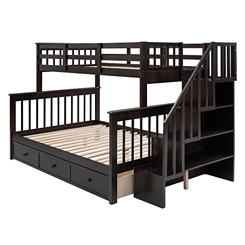 MERITLINE Twin Over Full Bunk Bed with Stairs, Wood Bunk Bed Frame with Storage Drawers and Shelves, No Box Spring Needed (Espresso)