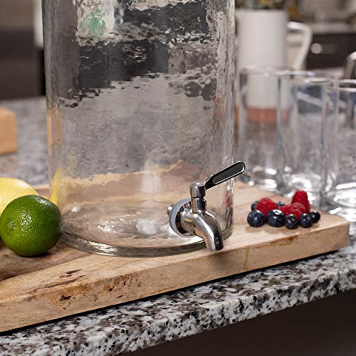 BIRDROCK HOME 1.5 Gallon Beverage Dispenser with Lid - Hammered Glass - Stainless Steel Spigot - Decorative Round Jar for Drinks - Lemonade Sangria Tea Water Drink Jar Jug - Home Parties