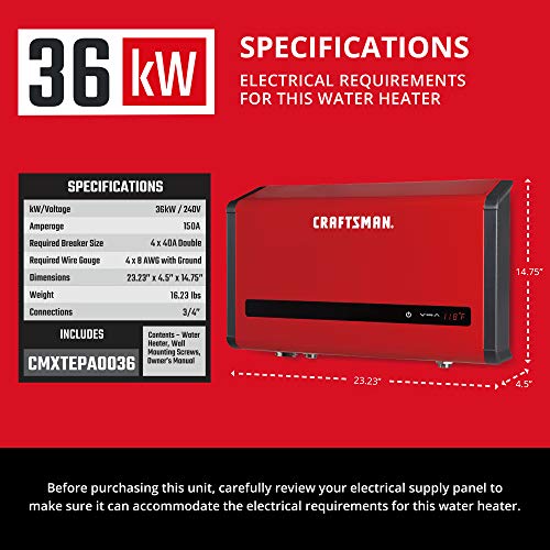 Craftsman CMXTEPA0036 36kW 240-Volt 7.3 GPM Electric Tankless Water Heater, Red