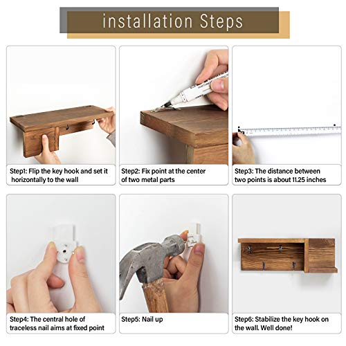 AKKO Wooden Key Holder for Wall Decorative Mail and Key Holder Organizer with 4 Key Hooks and βZβ Shape Wall Mount Floating Shelf ,Rustic Home Decor for Wall, Entryway, Mudroom, Bathroom