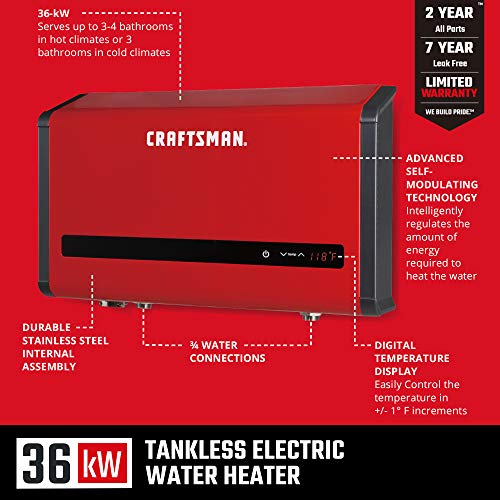 Craftsman CMXTEPA0036 36kW 240-Volt 7.3 GPM Electric Tankless Water Heater, Red