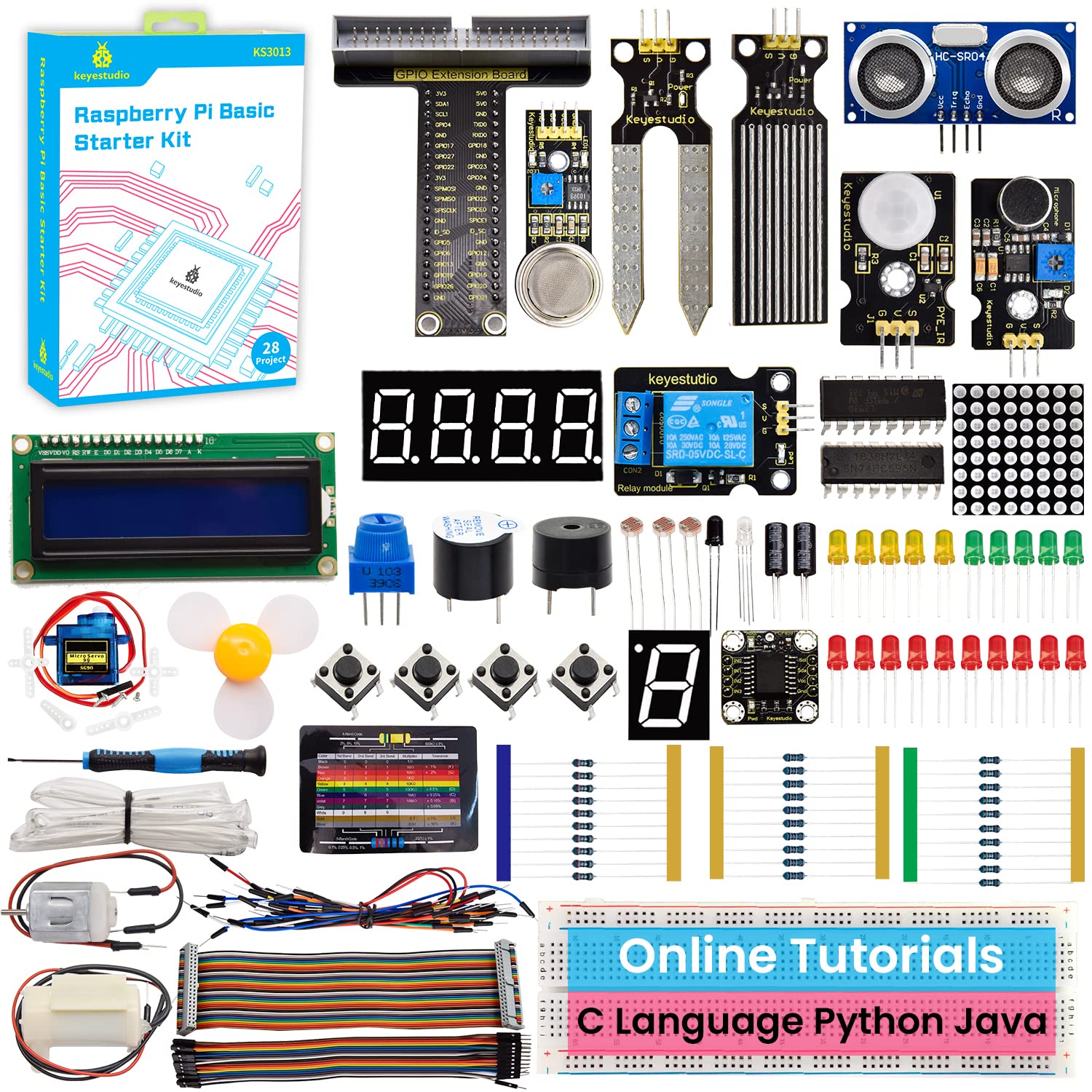KEYESTUDIO Basic Starter Kit for Raspberry Pi 4 3 3B/2B/B+, with Tutorials C+ Python Java Code, Breadboard Solderless Electronic LCD Water Level Gas Sensor Programming Easy for Beginners