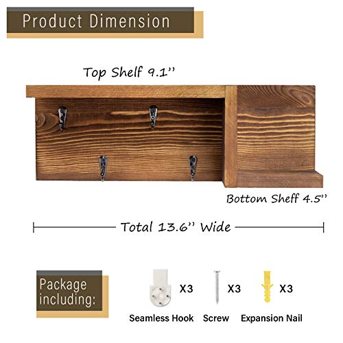AKKO Wooden Key Holder for Wall Decorative Mail and Key Holder Organizer with 4 Key Hooks and βZβ Shape Wall Mount Floating Shelf ,Rustic Home Decor for Wall, Entryway, Mudroom, Bathroom