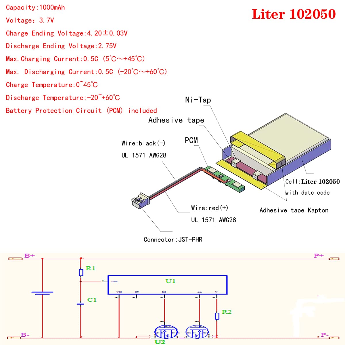 Liter energybattery 3.7V Lipo Battery 1000mAh Rechargeable Lithium ion Polymer Battery 102050 Lithium Polymer ion Battery with JST Connector