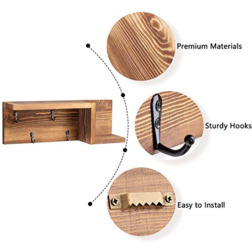 AKKO Wooden Key Holder for Wall Decorative Mail and Key Holder Organizer with 4 Key Hooks and βZβ Shape Wall Mount Floating Shelf ,Rustic Home Decor for Wall, Entryway, Mudroom, Bathroom