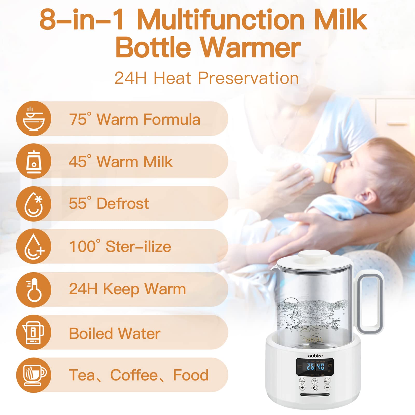 Instant Water Warmer, 8-in-1 Baby Bottle Warmer, Water Dispenser, Baby Formula Maker, Electric Kettle 1.5-Liter, Breastmilk Defroster, with Nightlight