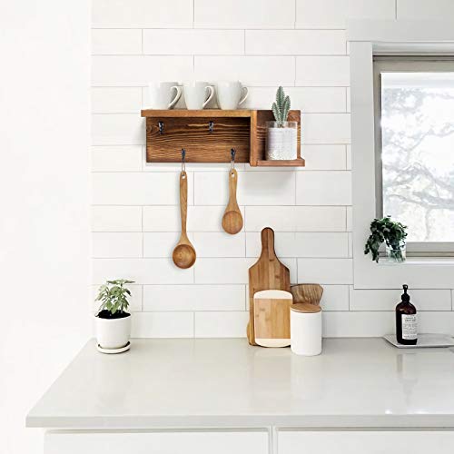 AKKO Wooden Key Holder for Wall Decorative Mail and Key Holder Organizer with 4 Key Hooks and βZβ Shape Wall Mount Floating Shelf ,Rustic Home Decor for Wall, Entryway, Mudroom, Bathroom