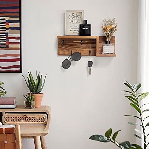 AKKO Wooden Key Holder for Wall Decorative Mail and Key Holder Organizer with 4 Key Hooks and βZβ Shape Wall Mount Floating Shelf ,Rustic Home Decor for Wall, Entryway, Mudroom, Bathroom