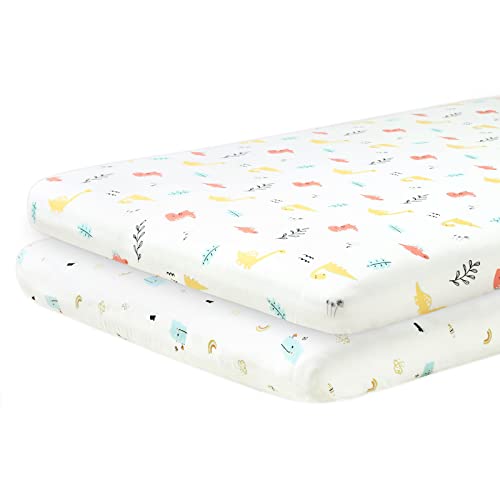 POSENPRO 2 Pack Cotton Pack N Play Sheets, Mini Portable Crib Sheets Set Fitted for Pack N Play Mattress Pad and Mini Cribs - Dinosaurs, Rainbows, Clouds & Monsters