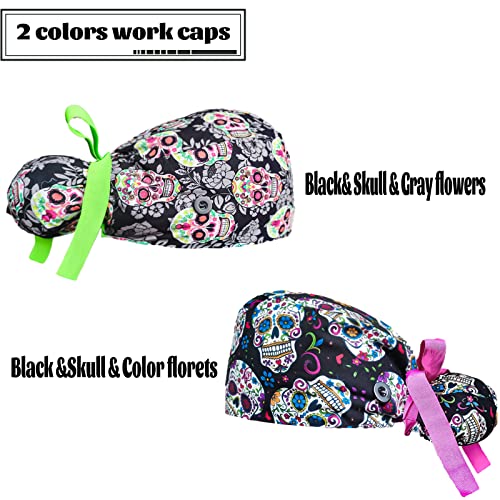YUESUO 2 Pack Working Cap with Buttons and Sweatband,Cotton Working Hats with Adjustable Ponytail Pack Ribbon Tie Back Hats for Women & Men,Long Hair Head Covers Shower Caps (Q)