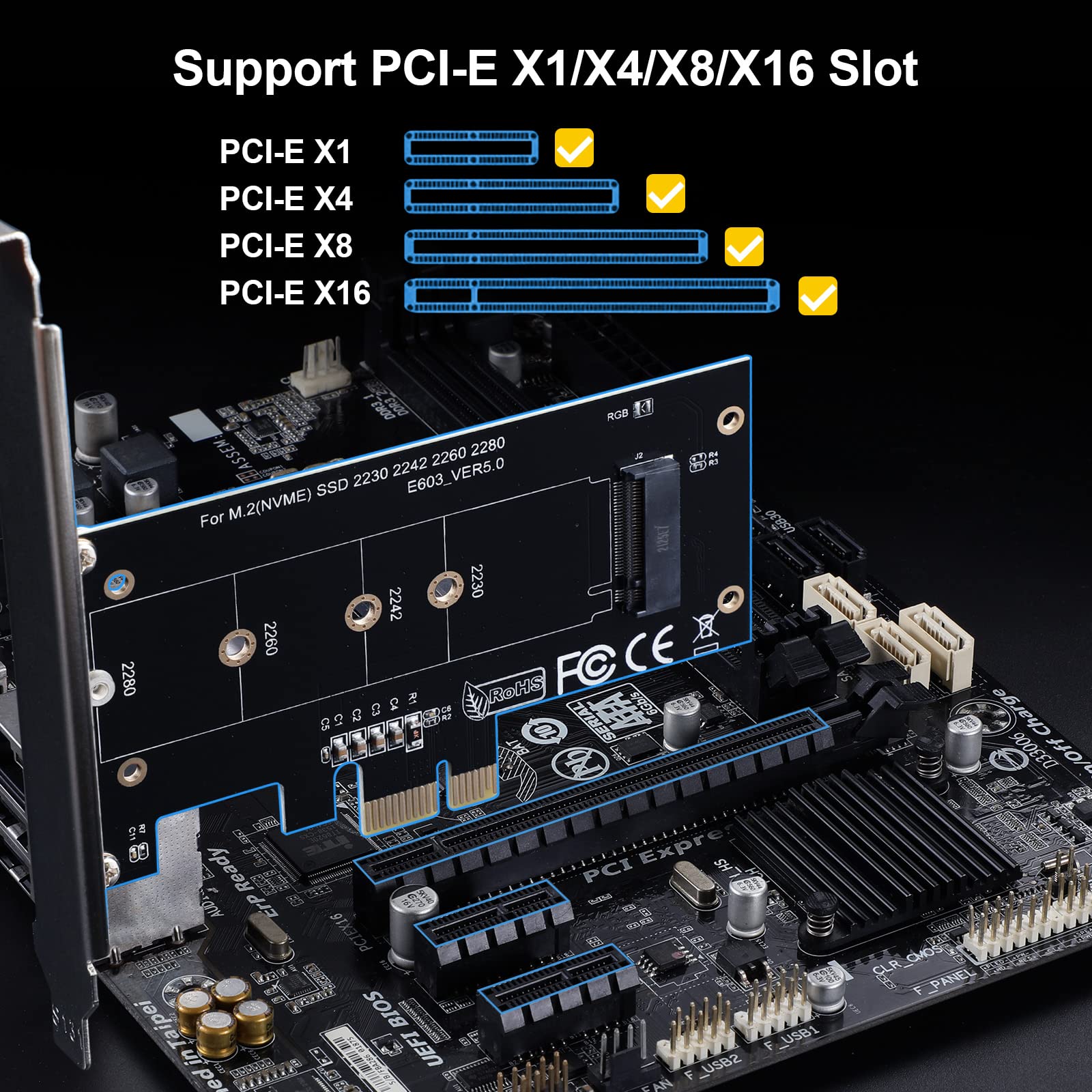 ACTIMED M.2 NVMe to PCIe Adapter, Aluminum Heat Sink, Supports 2230/2242/2260/2280 SSDs, PCIe X1 Interface, Compatible with Windows and Mac OS