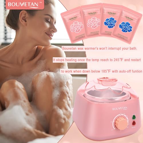 Bouvetan Waxing Kit for Women - Warmer with 17.5oz Hard Wax Beads, 20 Wax Sticks for Face, Eyebrow, Armpit, Arms, Legs, Bikini Hair Removal