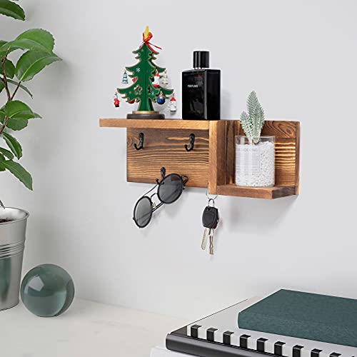 AKKO Wooden Key Holder for Wall Decorative Mail and Key Holder Organizer with 4 Key Hooks and βZβ Shape Wall Mount Floating Shelf ,Rustic Home Decor for Wall, Entryway, Mudroom, Bathroom