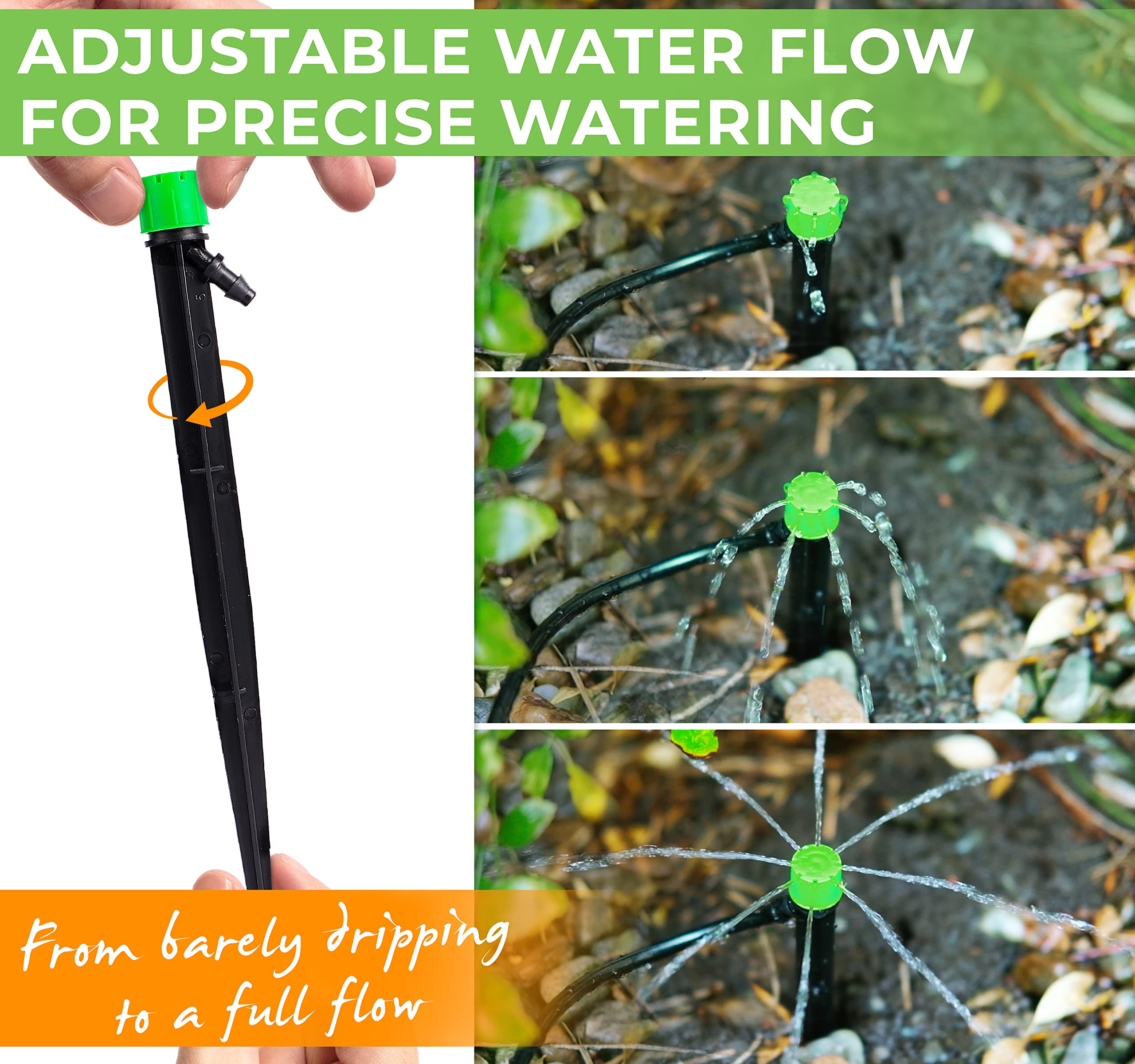CARPATHEN Drip Irrigation Emitters Spray - 100 pcs Drip Sprinkler Head for 1/4 inch Drip Irrigation Tubing + 1/4 Drip Irrigation Tubing - 100 ft Black Drip Irrigation Hose