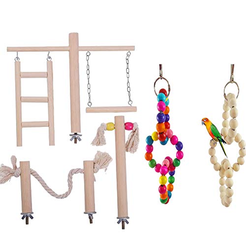 Tzou Bird Cage Play Stand Toy Set-Birdcage Wood Stands Hanging Chew Toys Ladder Swing Parrot Perch Play Gym Playground Accessories