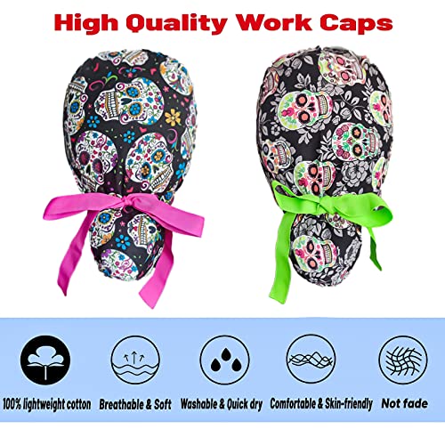 YUESUO 2 Pack Working Cap with Buttons and Sweatband,Cotton Working Hats with Adjustable Ponytail Pack Ribbon Tie Back Hats for Women & Men,Long Hair Head Covers Shower Caps (Q)