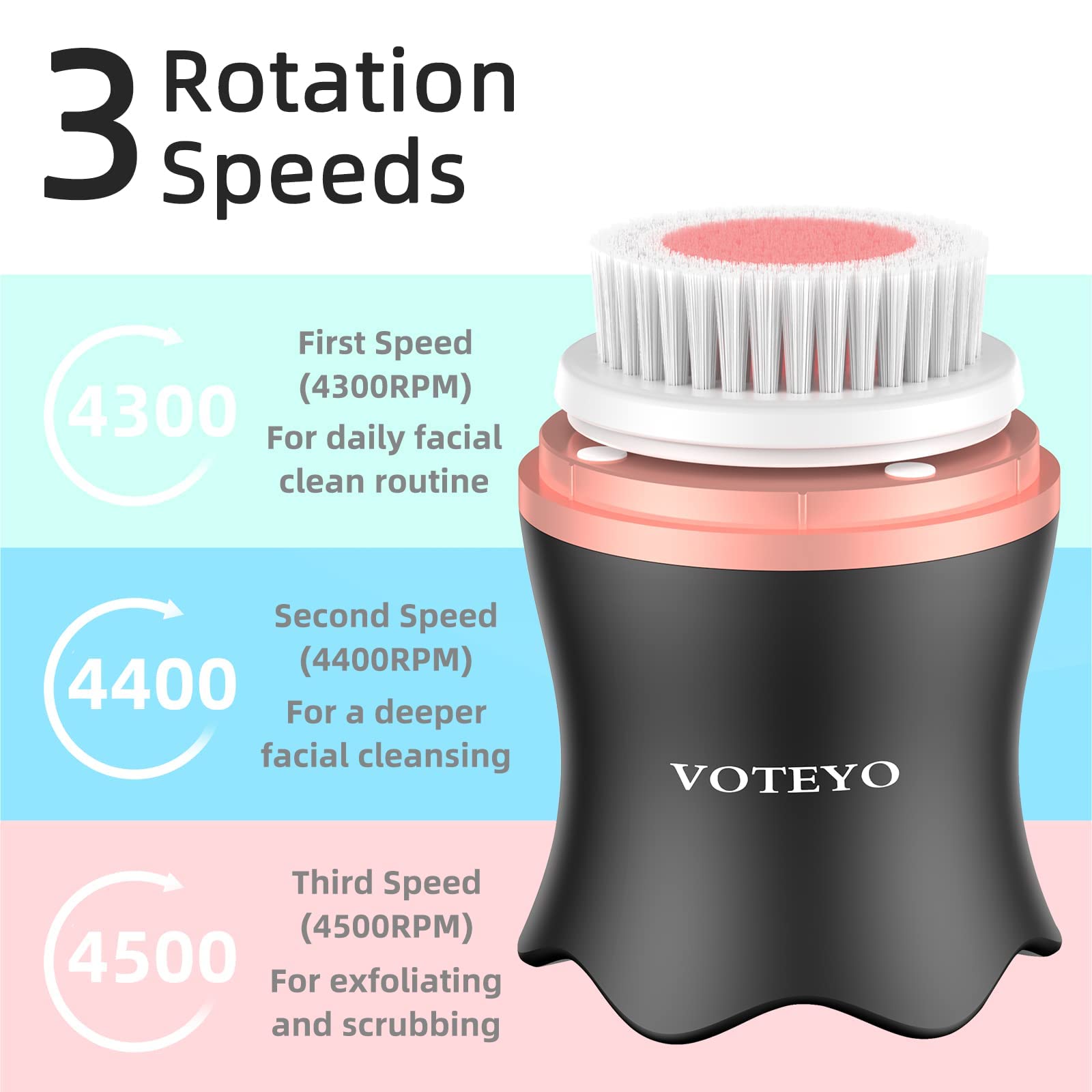Facial Cleansing Brush - Face Cleansing Brush with 3 Replacement Brush Heads & 3 Modes, Waterproof, Type C Charging, Rotating Face Brush for Deep Cleansing, Black