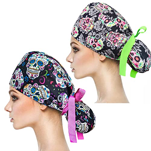 YUESUO 2 Pack Working Cap with Buttons and Sweatband,Cotton Working Hats with Adjustable Ponytail Pack Ribbon Tie Back Hats for Women & Men,Long Hair Head Covers Shower Caps (Q)