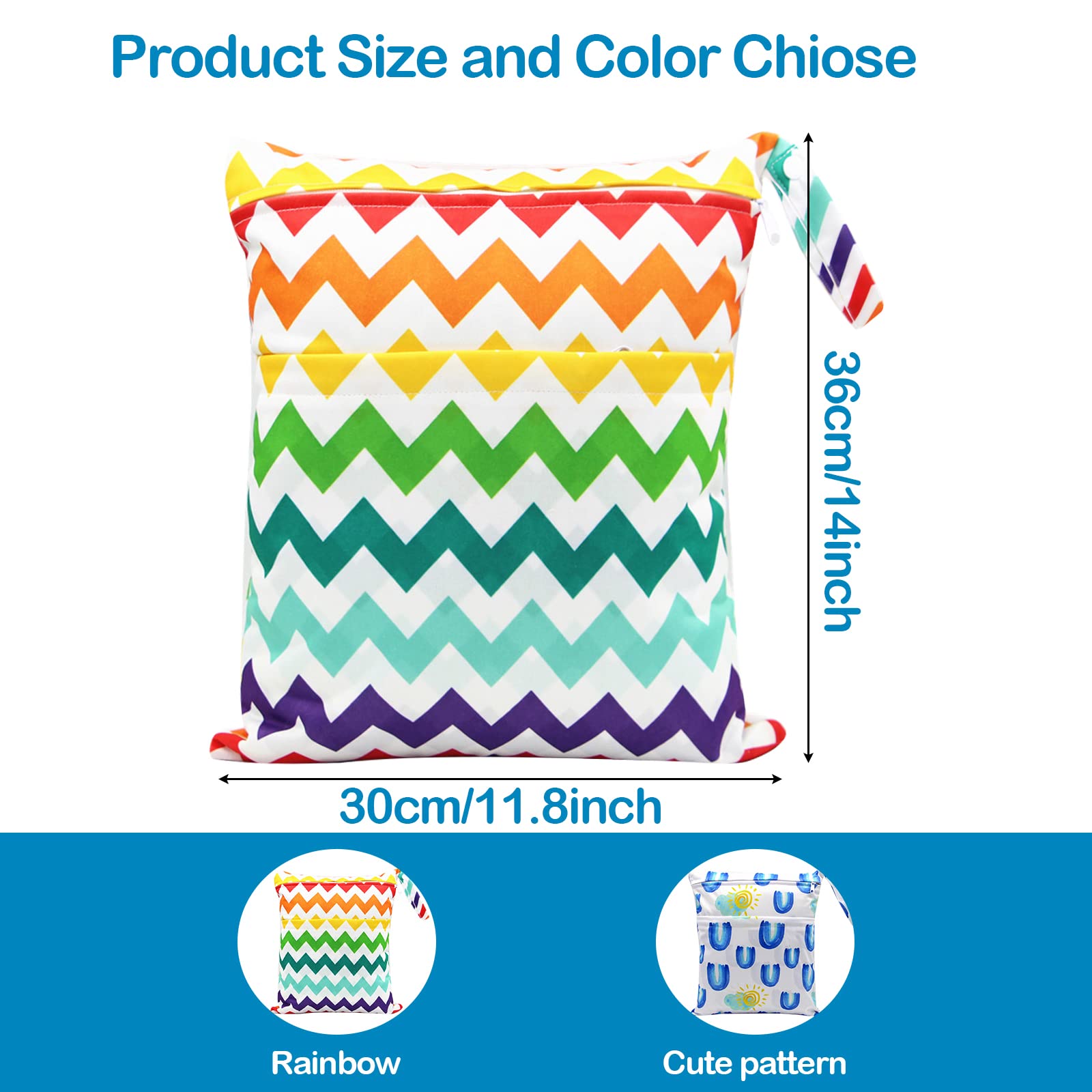 2 Pieces Wet Dry Bag Cloth Diaper with Two Zippered Pockets Waterproof ReusableW Travel Beach Pool Daycare Soiled Baby Items Yoga Gym(12in x 14.5in), Rainbow Color (KKBB1003)