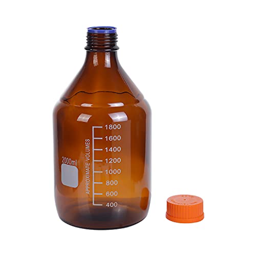 Pastein One Piece 2 Liter Amber Borosilicate Glass Graduated Round 2000ml Lab Reagent Media/Storage Bottle With GL45 Orange Screw Cap