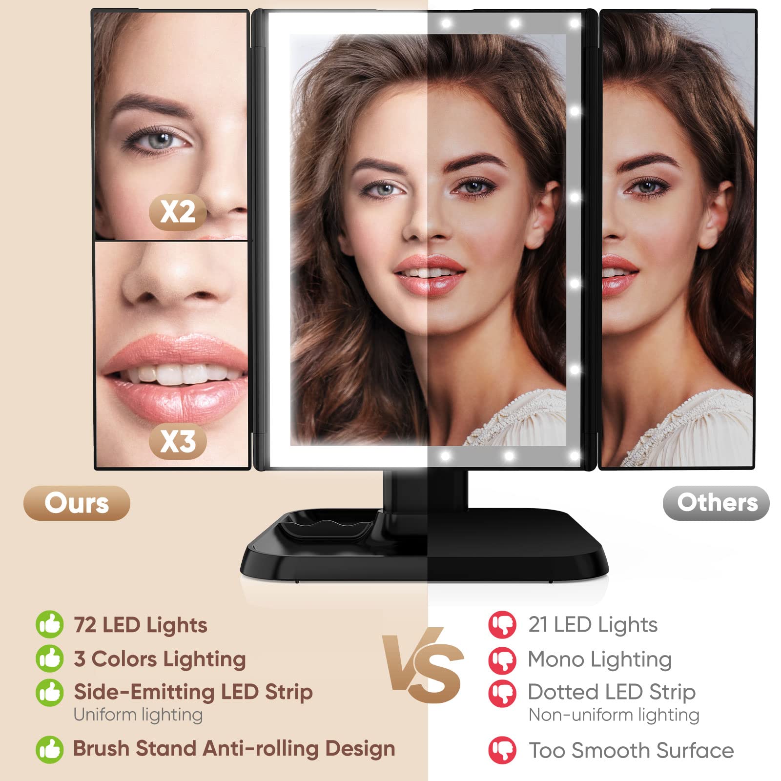 Trifold Makeup Vanity Mirror with Lights - 3 Color Lighting Modes 72 LED, Touch Control Design, 1x/2x/3x Magnification, Portable High Definition Cosmetic Lighted Up Mirror (Black)