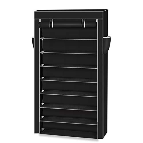 WEI WEI GLOBAL 10-Tier Shoe Rack, 36-45 Paris Shoe Storage Organizer with Dustproof Cover, Shoe Cabinet Tower Shelf Closet, Black