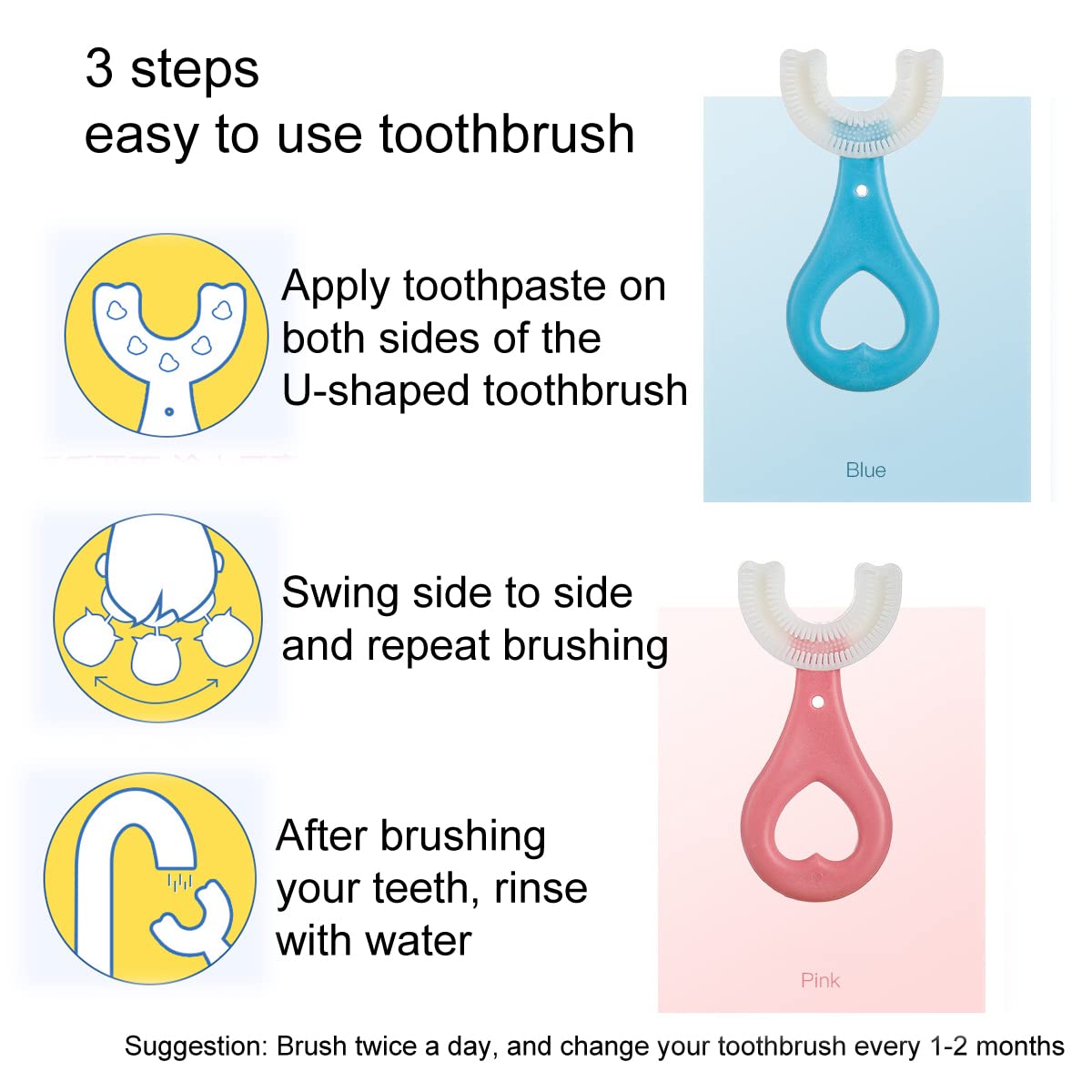 claiol 2 Pcs U-Shaped Kids Toothbrush, Premium Soft Manual Training Toothbrush for Kids 2-6 Years Old. (Blue+Pink)