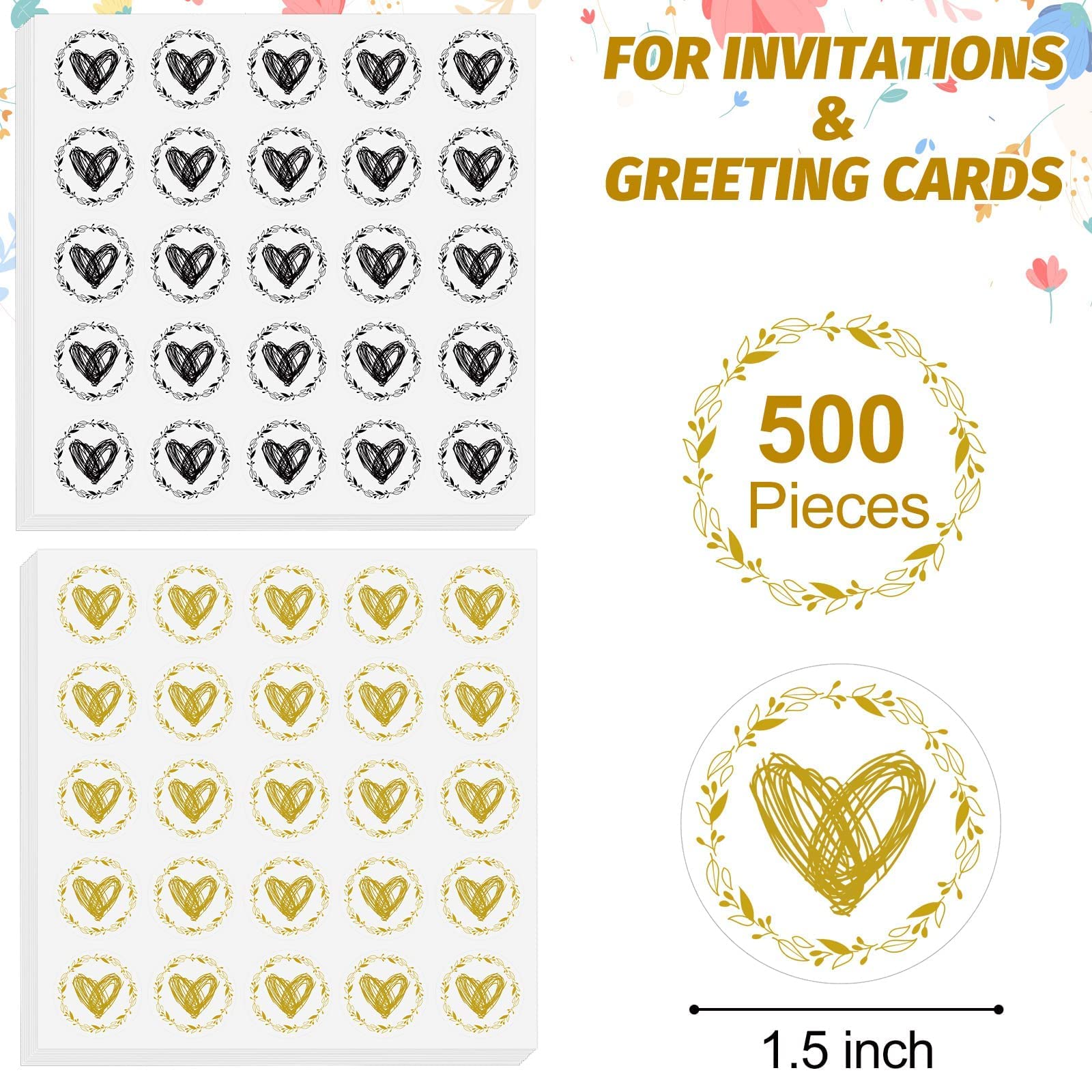 Koogel 500 PCS Heart Stickers 1.5 inch Heart Envelope Seals,2 Styles for Valentine's Day,Wedding Invitations,Craft and Greeting Cards