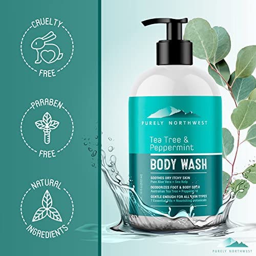 Tea Tree & Peppermint Foot & Body Wash | Great for Excess Sweating & Body Odor, Soothes Burning & Itching from Skin Irritations, Chafing, Jock Itch & Athletes Foot| Shower Gel for Women / Men/Teens-by Purely Northwest 9 OZ (2 PACK)