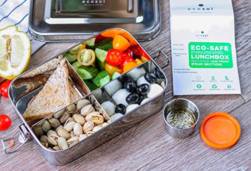 ecozoi Stainless Steel Eco Lunch Box, Leak Proof, 4 Compartment | Sustainable Zero Waste Eco Friendly Bento Box Food Storage Container