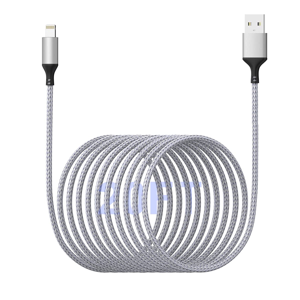 iPhone Charger 20FT/6M [Apple MFi Certified] Lightning Cable Extra Long iPhone Charging Cord Nylon Braided Fast Apple Charger Cable 2.4A for iPhone 12 11 Pro X XS Max XR/8 Plus/7 Plus/6/6s Plus-Silver