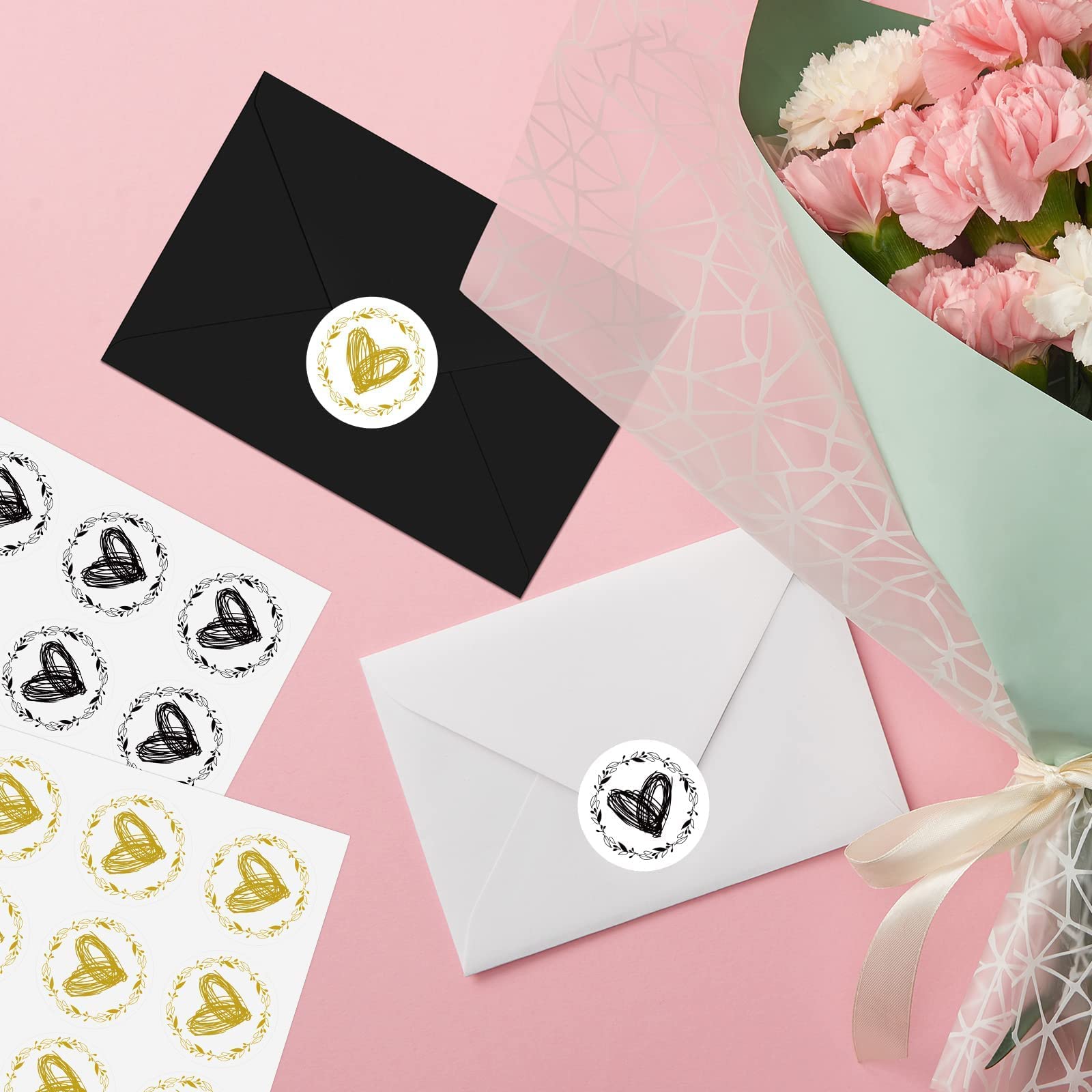 Koogel 500 PCS Heart Stickers 1.5 inch Heart Envelope Seals,2 Styles for Valentine's Day,Wedding Invitations,Craft and Greeting Cards