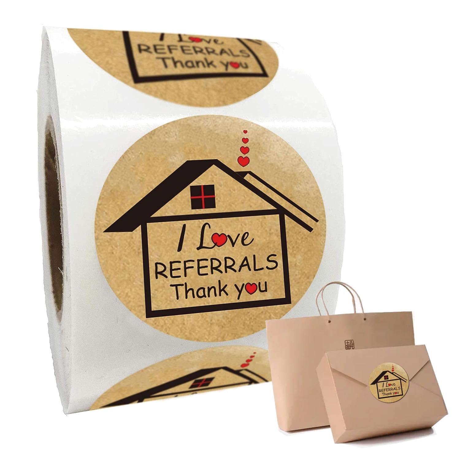 I Love Referrals Stickers House Shaped Thank You Labels 1.5" Kraft Real Estate House Stickers Agents and Sales Supplies Realtor Supplies, Salon, Small Business Mailer Seal Stickers 500 Pcs