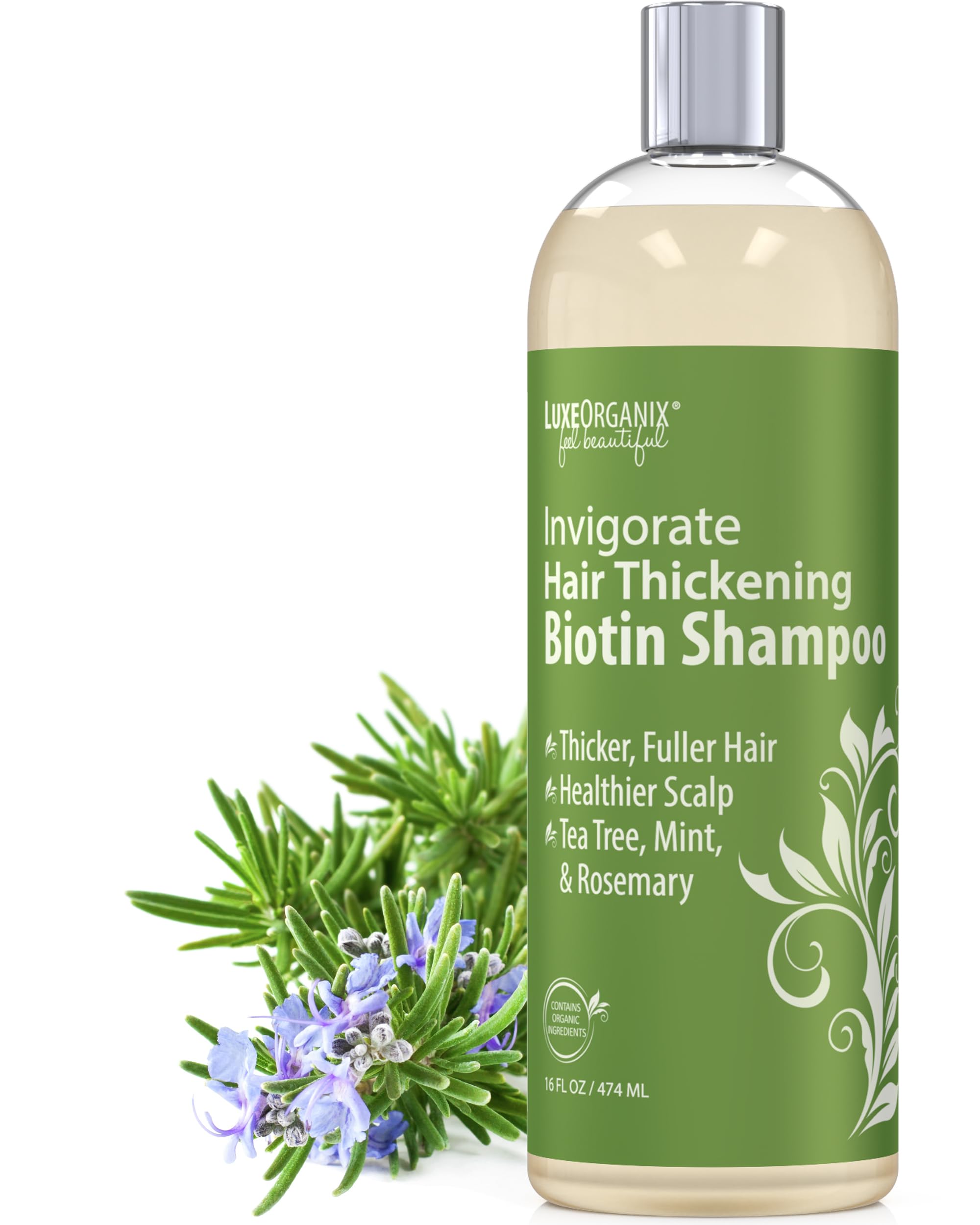 LuxeOrganix Biotin Thickening Shampoo for Thinning Hair - Organic, Volumizing Formula with Mint, Tea Tree & Rosemary for Healthy Scalp and Hair Growth - Safe for Colored or Keratin Treated Hair.