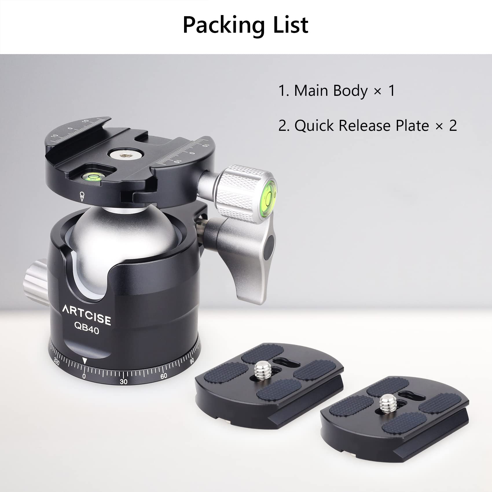 Low Profile Camera Tripod Head with 2 Arca Quick Release Plates 40mm Aluminium 360 Rotating Panoramic Ball Head Load 44lbs/20kg