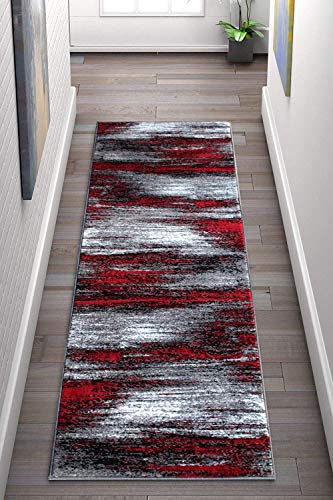 Champion Rugs Modern Rugs for Living Room Abstract Soft Plush Red Grey Black Area Rug (2ā X 7ā Runner)