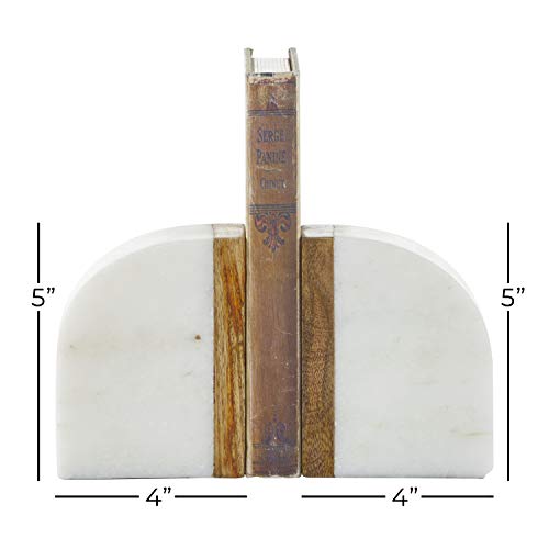 Deco 79 Marble Bookends with Wood Details, Set of 2 4"W, 5"H, White