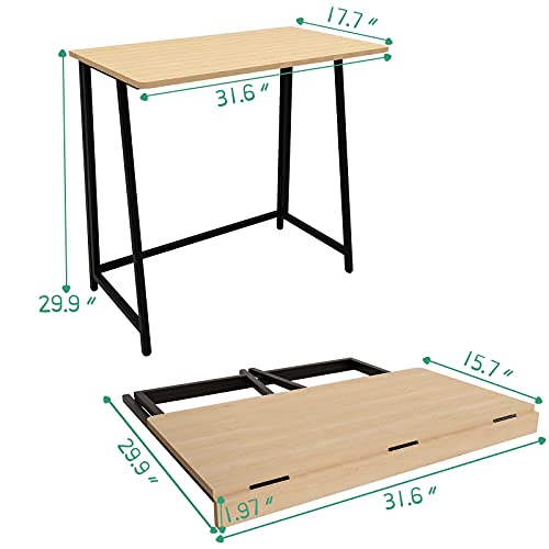 Siunzs Folding Desk, 32 Inch Small Desks for Small Spaces,Space Saving Foldable Computer Desk for Home Office Study Writing, Portable Small Collapsible Desk, Easy Assembly, Black Frame, Maple