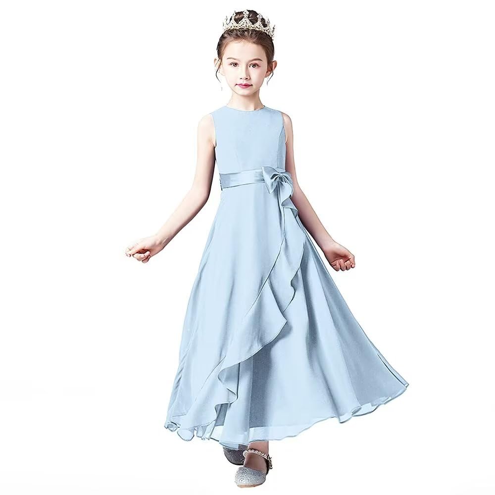 Little Junior Girl Long Bridesmaid Dress Baby Blue Wedding Flower Girls Formal Pageant Party Dresses Chiffon Sleeveless Baby Blue-10